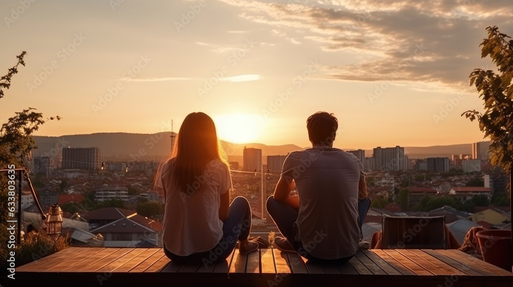 Rear view of young friends sitting together on rooftop at sunset. Stock ...