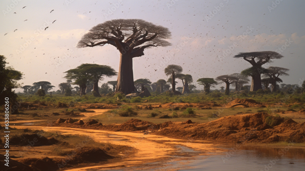 Foto de paysage aride de la savane africaine avec l’emblématique baobab ...