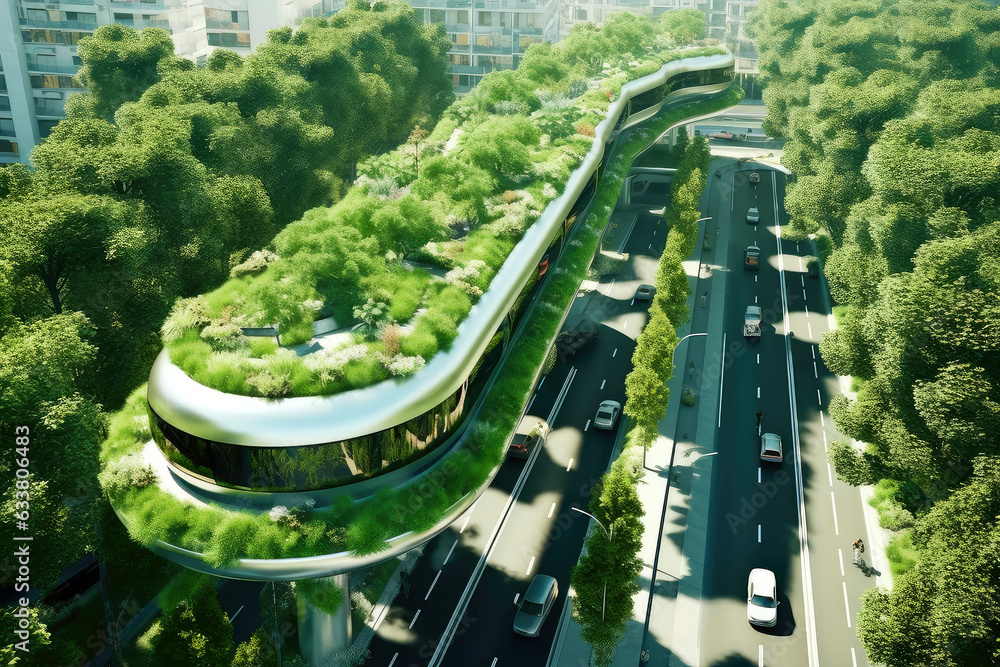 Eco-friendly urban future. Futuristic cityscape adorned with electric ...