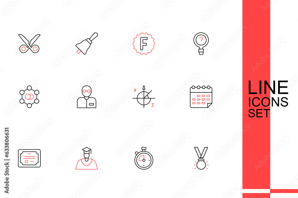 Set line Medal, Stopwatch, Graduate and graduation cap, Certificate ...