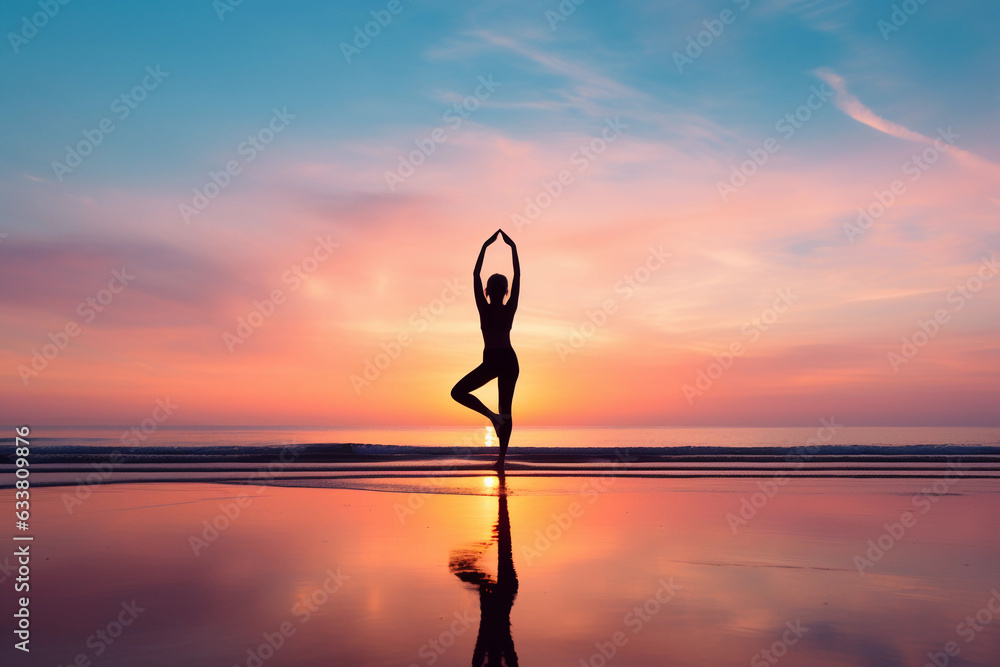 a silhouetted yogi at sunrise, practicing asanas on the beach ...
