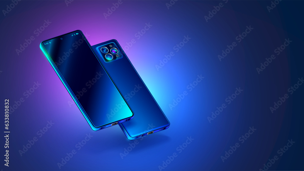 Phones at both sides hanging angle over table. Realistic vector phone ...