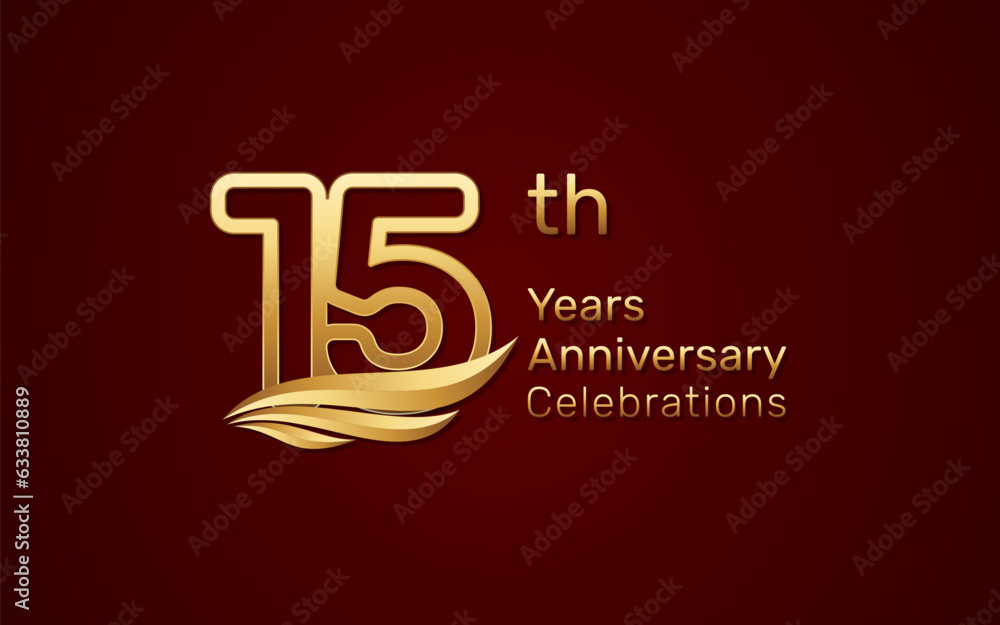 15th anniversary logo design with double line number style and golden ...