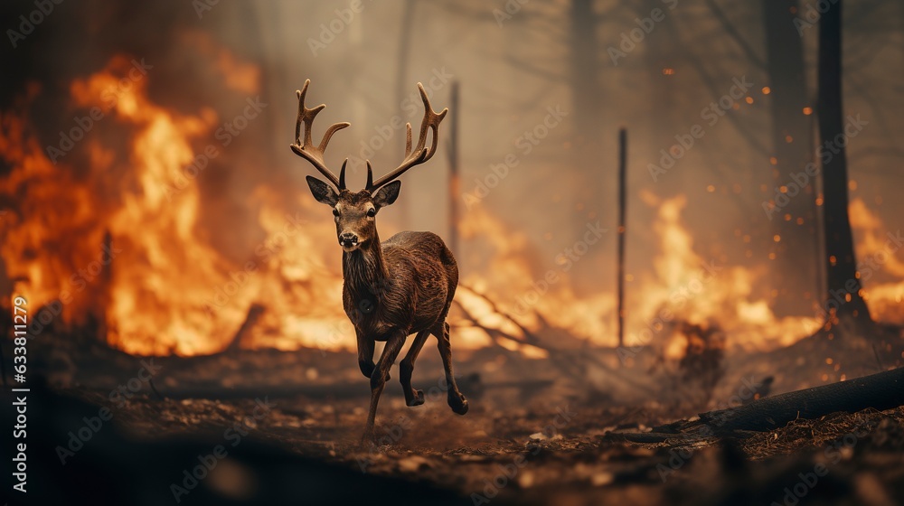 Deer fleeing forest fire, depicting nature's wrath. Dramatic scene of ...