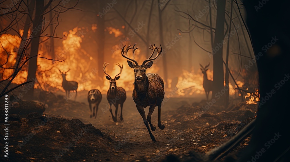 Deer fleeing forest fire, depicting nature's wrath. Dramatic scene of ...