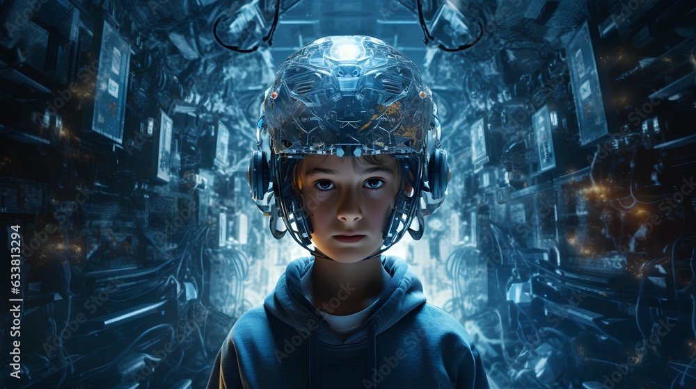 Youth in tech concept. A young individual is depicted in a tech ...