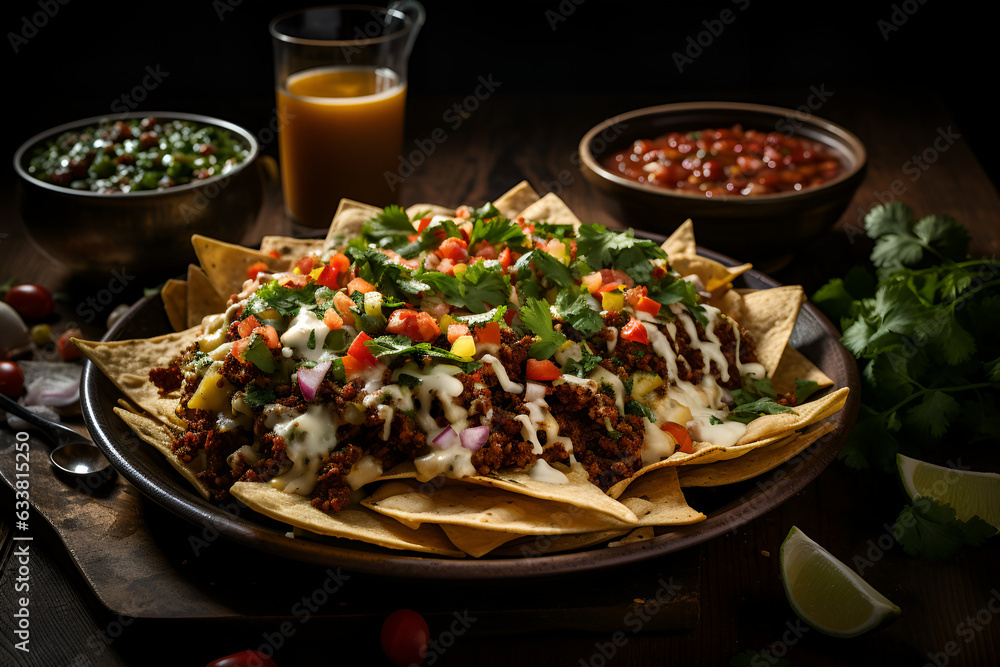 Circular tray of Mexican nachos with meat, chopped tomato, melted ...