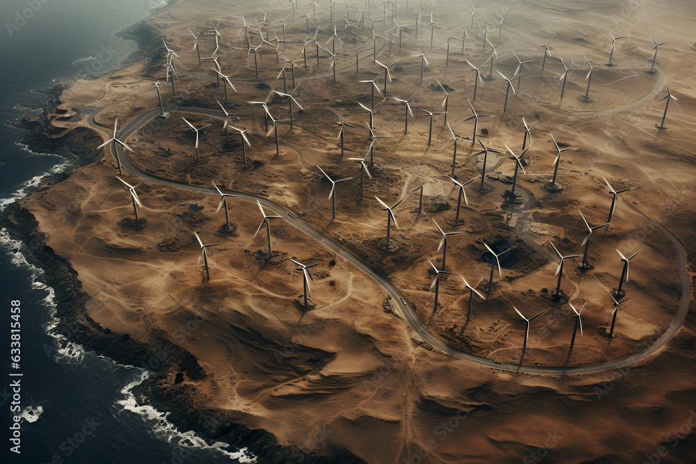 Generative AI,Top view aerial of windmills. Environmental problem ...