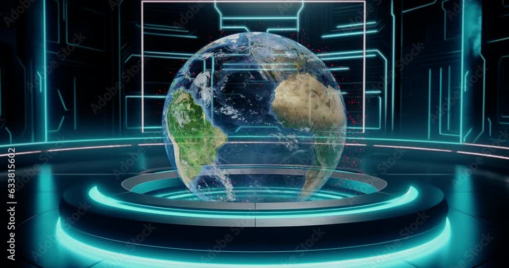 Planet Earth holographic projection with red satellites. Neon ...