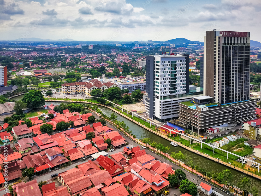 Aerial view of Melaka city skyline, Malaysia. The city is home to many ...