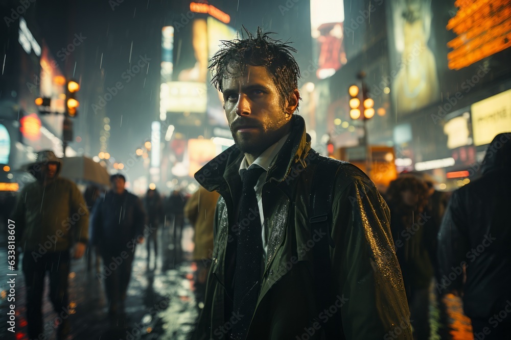 In the throbbing heart of a chaotic urban intersection, a solitary ...