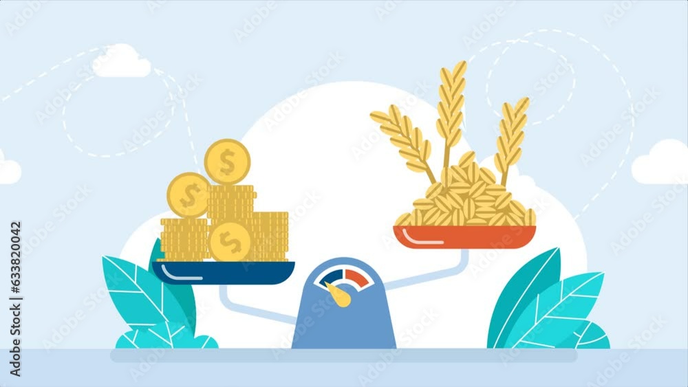 Money and grain are on scales. Wheat grains. Agricultural business ...