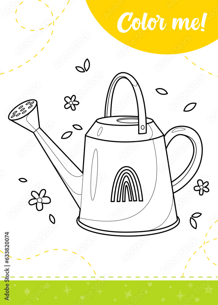 Coloring page for kids with cartoon watering can. A printable worksheet ...