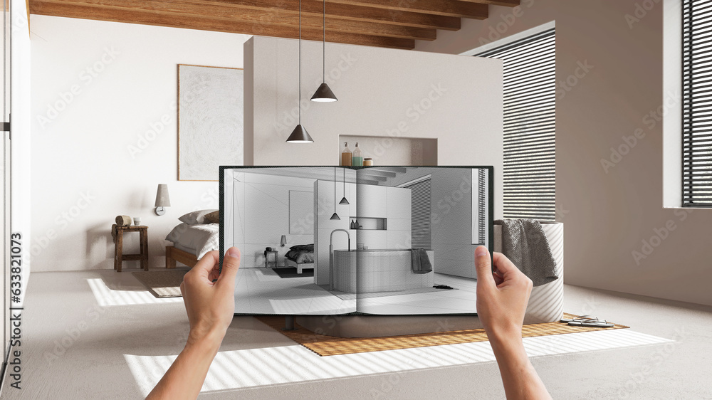 Hands holding notepad with bathroom design blueprint sketch or drawing ...