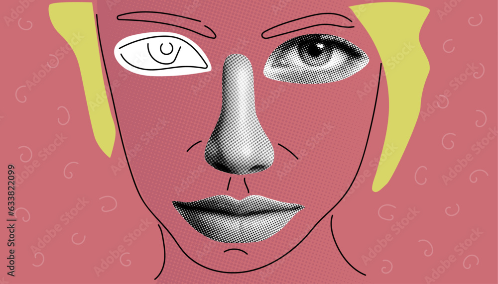 female face design template with halftone dots texture cut-out mouth ...