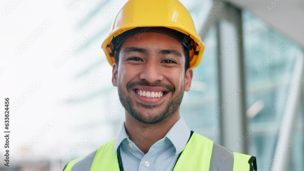 Face, happy engineer and Asian man in helmet at office, construction ...