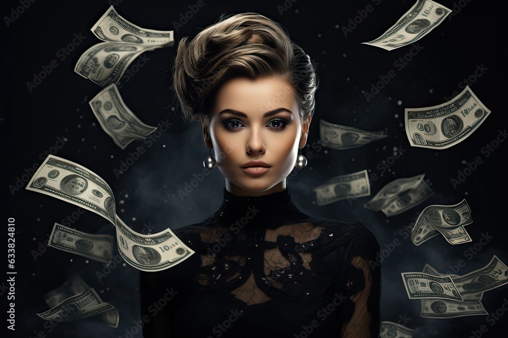 Successful luxury, chic, rich woman with flying dollar banknotes and ...