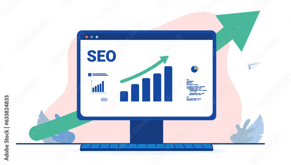 SEO growth - Vector illustration of computer with search engine ...