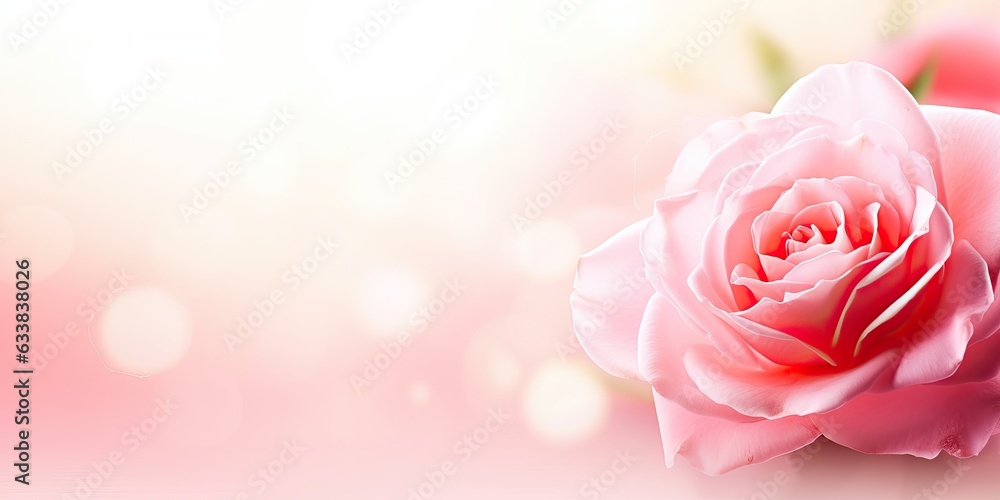 Horizontal banner with rose of pink color on blurred background. Copy ...