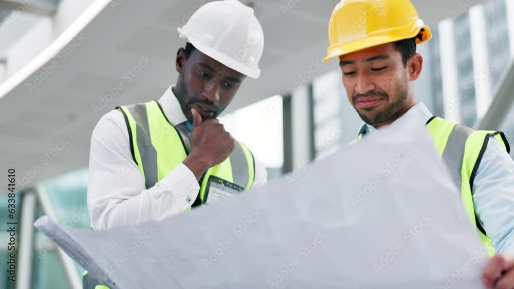 Architecture, people and blueprint planning, teamwork or thinking of ...