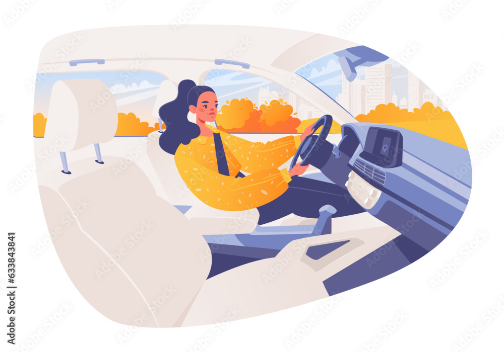 Girl behind wheel. Young woman driving to work. View of interior of car ...