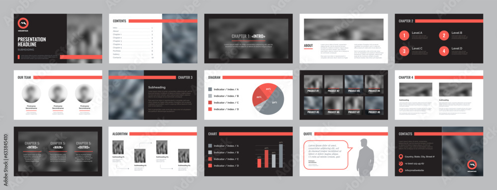 Presentation template with red logo and dark slides, include graph ...