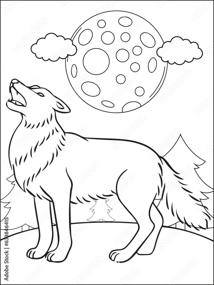 Vector wolf animal coloring page for kids- moon wolf coloring pages ...