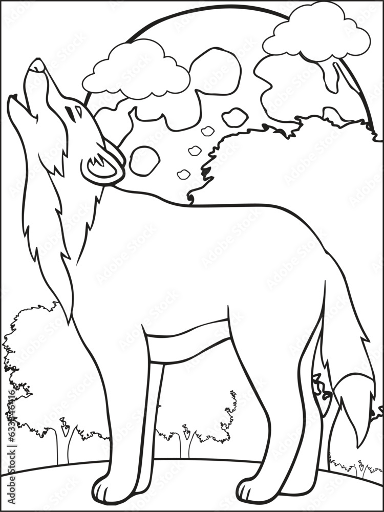 Vector wolf animal coloring page for kids- moon wolf coloring pages ...