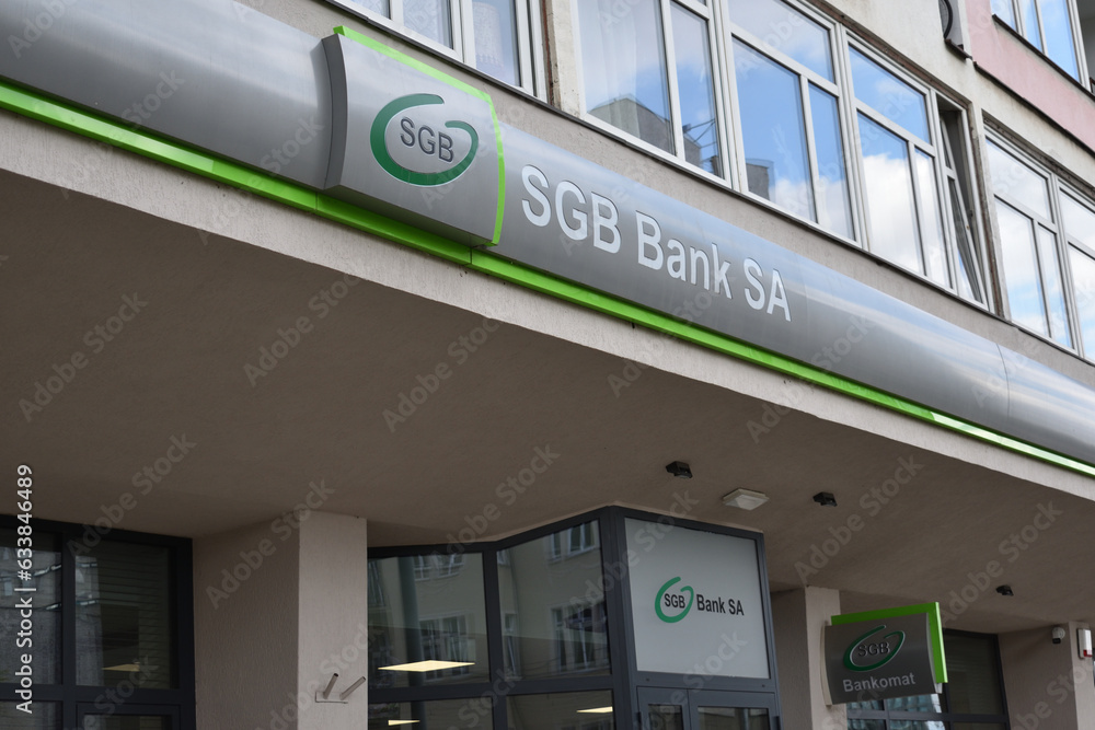 SGB Bank SA signage, logo, emblem on the facade of the bank branch ...