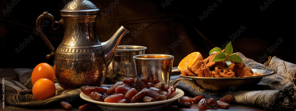 Traditional arabic coffee with dates . Ramadan decor with Arabian ...