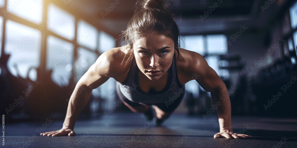 Close-up of a young woman in the gym, pushing through an intense set of ...