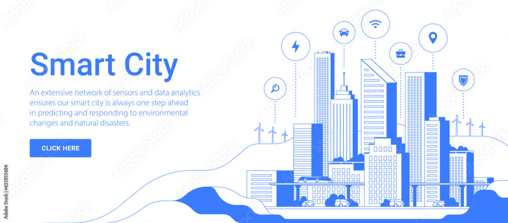 Modern smart city graphic in one blue color line art. Innovative ...
