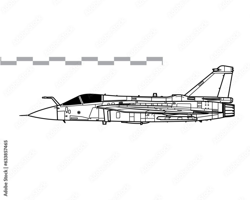 HAL LCA Tejas Mark 1A. Vector drawing of multirole light fighter. Side ...