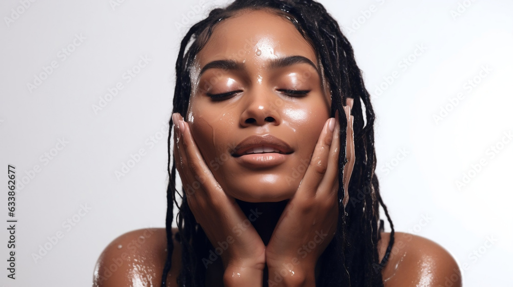 Portrait close up of young black woman with dreadlocks rinsing washing ...