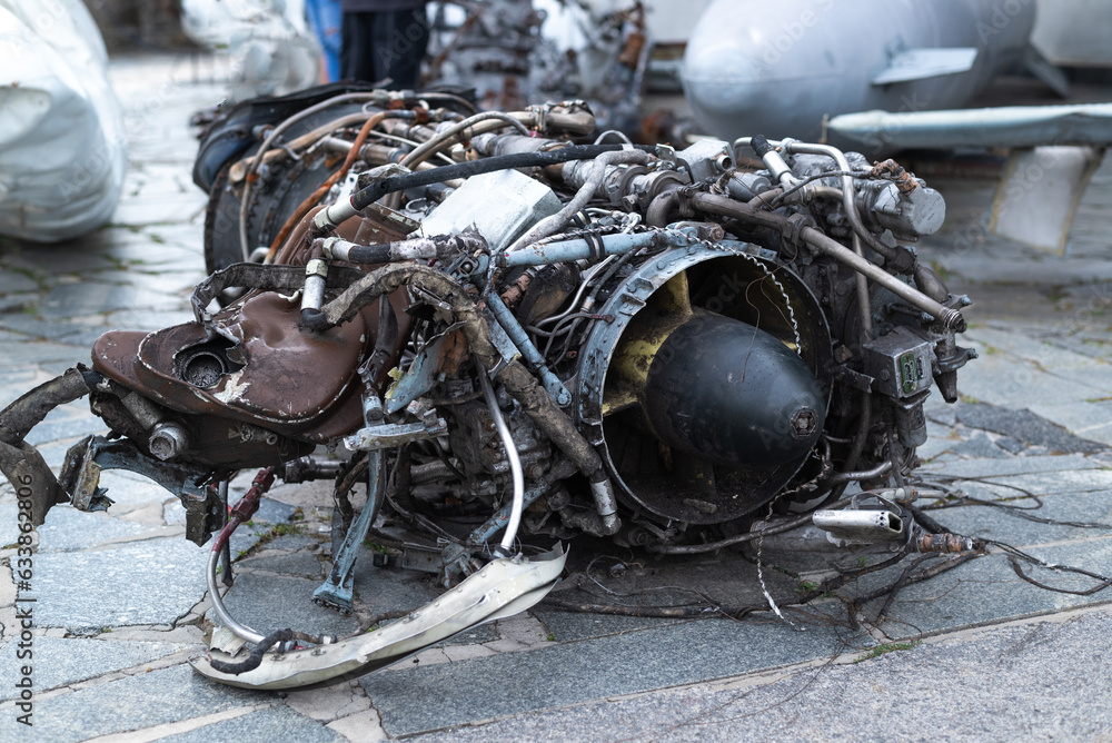 Detail of the Mi-24 helicopter. Remains of a destroyed Russian Air ...
