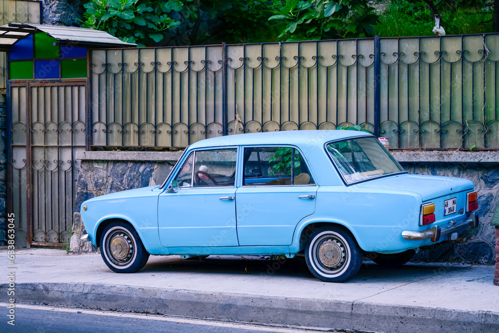 Istanbul TURKEY - 08. 11 2023: Old, Turkuaz colored Classical Car made ...