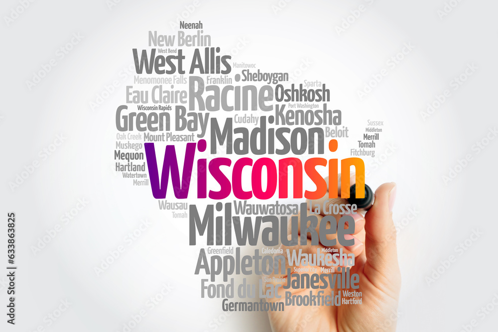 List of cities in Wisconsin USA state, map silhouette word cloud, map ...