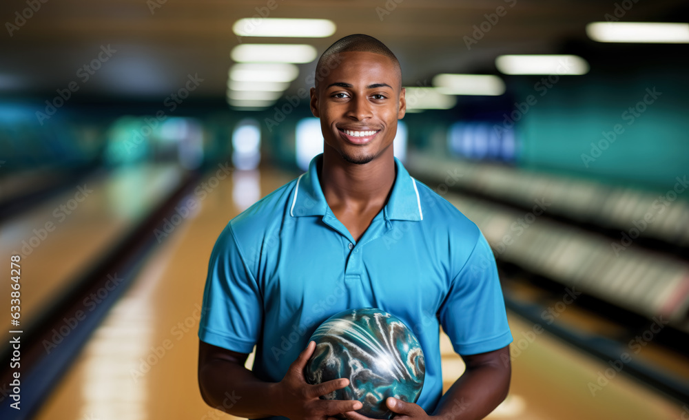 Young African American man in bowling alley. Candlepin bowls player ...