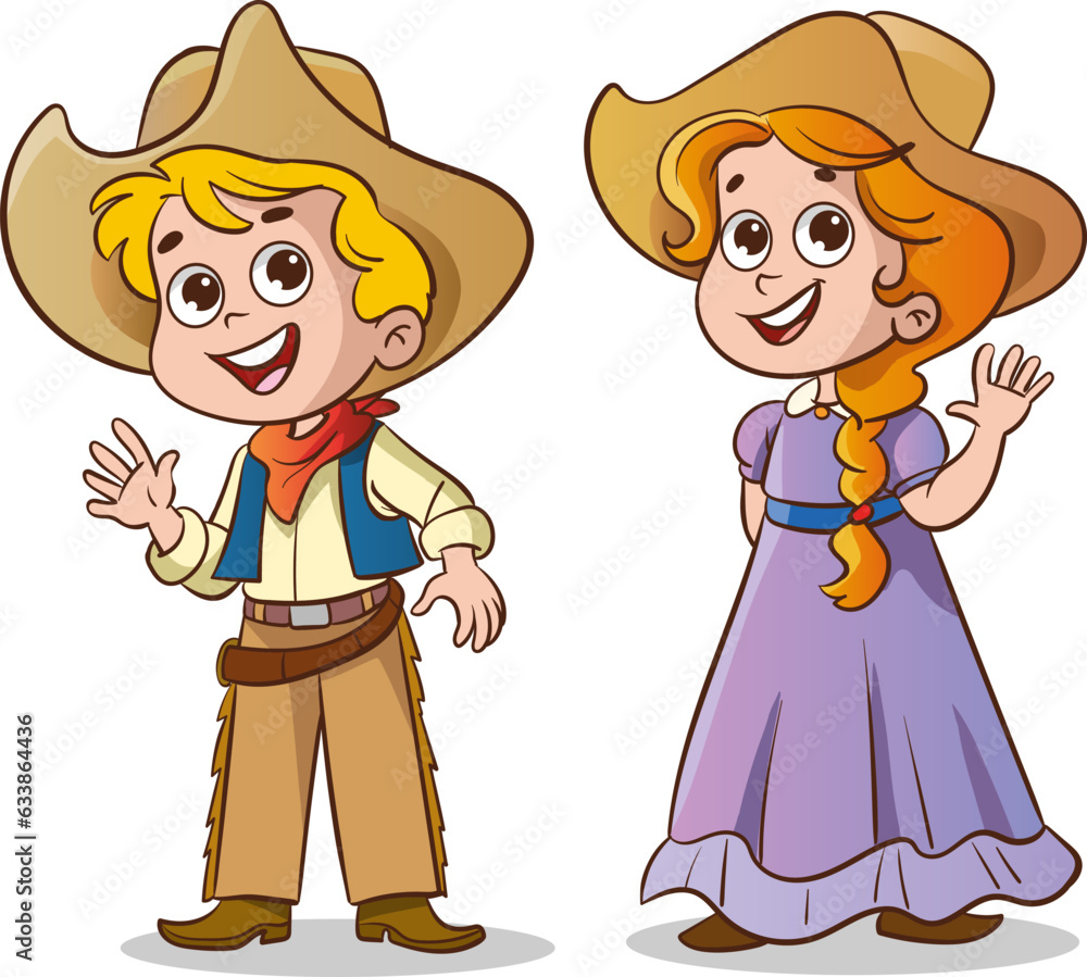 Cartoon Illustration of Cute Boy and Girl in Cowboy Costume Stock ...