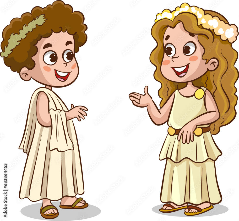 Cute little girl and boy in the ancient Greek costume. Vector ...