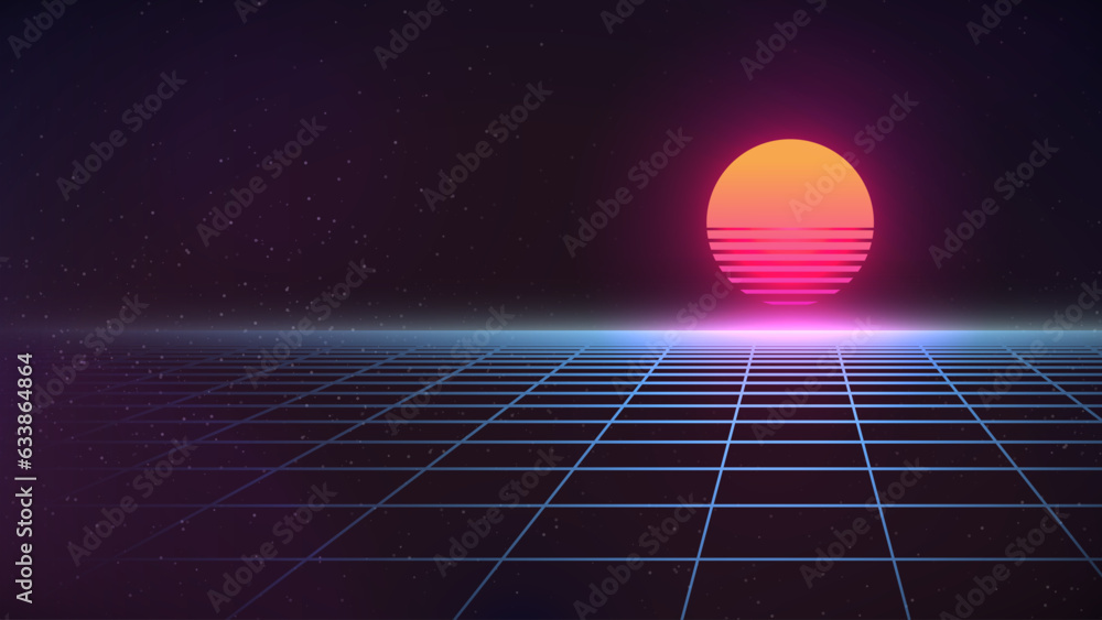 Synthwave sunset backround. Retro future 80s backdrop. Perspective grid ...