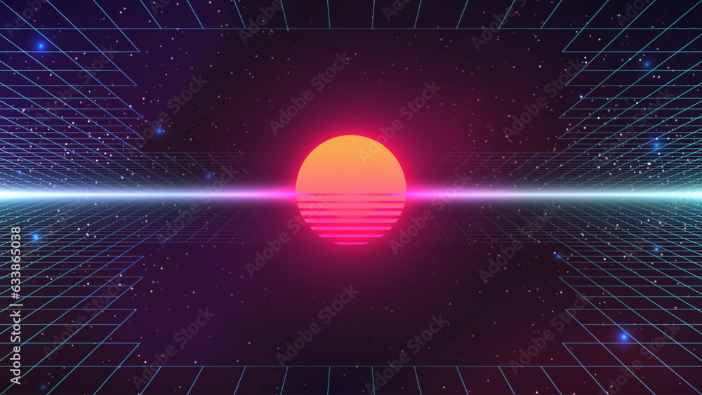 Synthwave sunset backround. Retro future 80s backdrop. Perspective grid ...