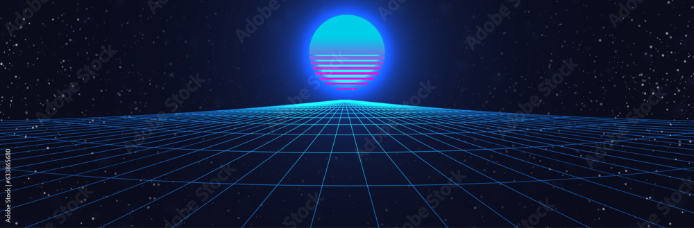 Synthwave sunset backround. Retro future 80s backdrop. Perspective grid ...