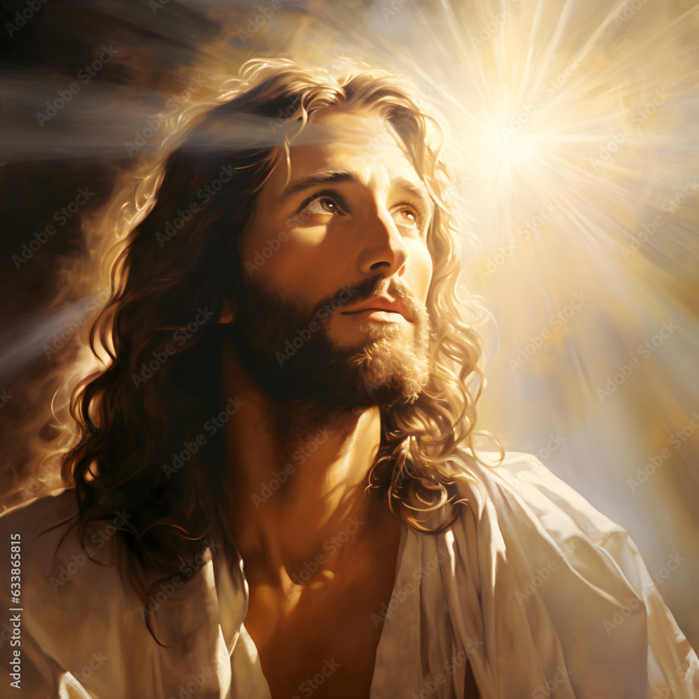 Jesus Christ looking up to his Father in heaven before ascending ...