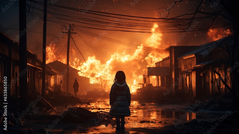 People fleeing from the fire, depicting a scene of urgency and escape ...