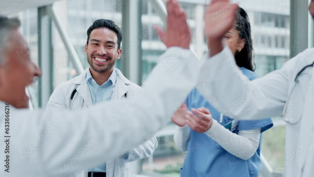 Video „Doctors, nurses and high five, success and applause in teamwork, healthcare mission or ...