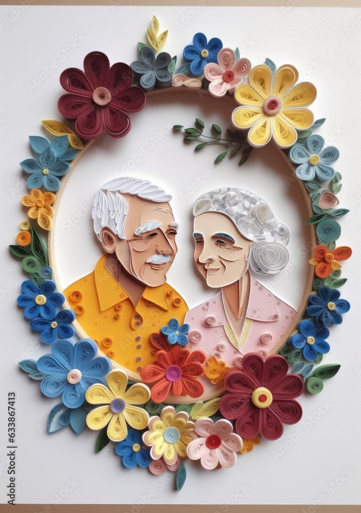 grandparents next to each other, smiling, flowers around. happy ...