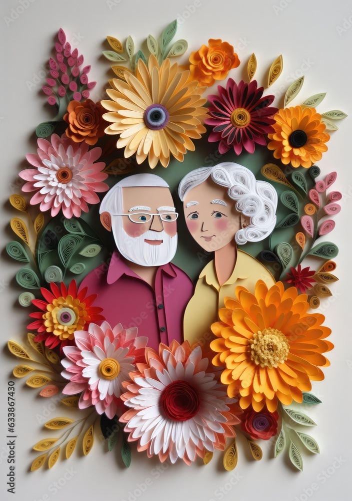 grandparents next to each other, smiling, flowers around. happy ...