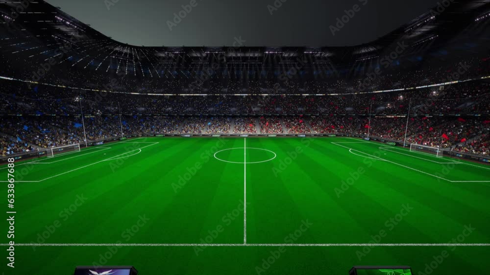 Night Euro Stadium arena, empty field, animated fan crowd, blue and red ...
