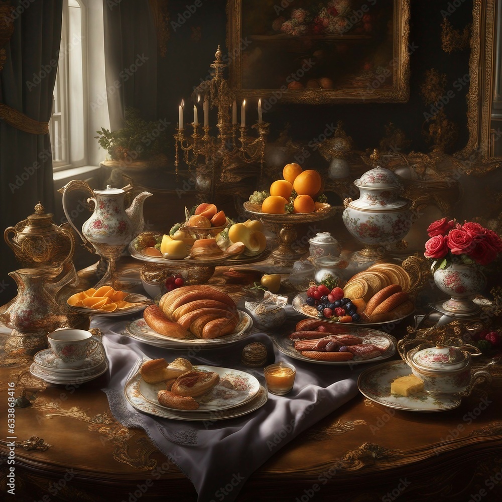 rococo style still life breakfast table full of dishes tureens fruit ...